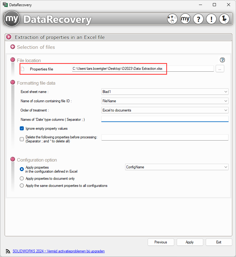myCADtools DataRecovery: SOLIDWORKS eigenschappen beheren met Excel